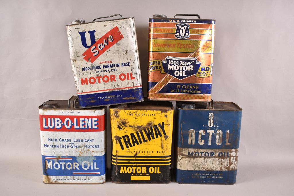5 Two Gallon Motor Oil Metal Cans