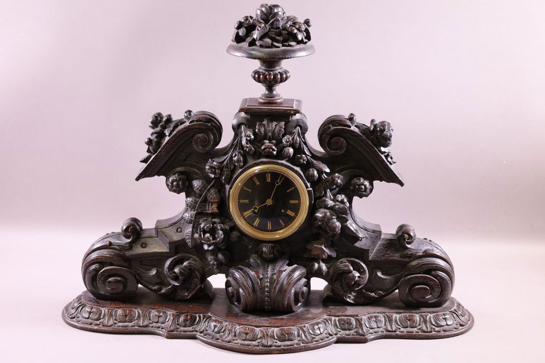 Antique Carved Black Forest Mantle Clock