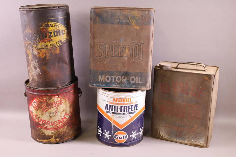 5 Large Oil, Grease, & Antifreeze Cans