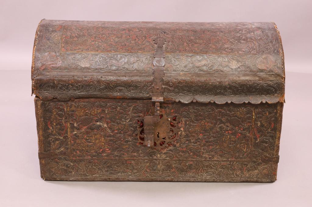 19th Century Spanish Colonial Tooled Leather Trunk