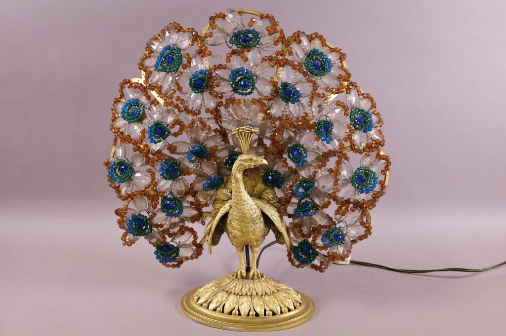 Austrian Bronze & Glass Jeweled Peacock Lamp