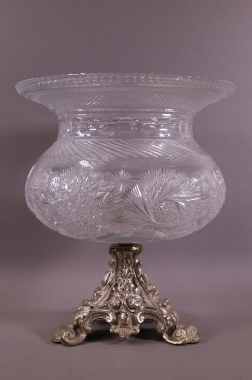 Cut Glass Center Bowl With Silver Plate Base