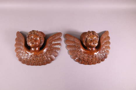 Antique Wood Carved Cherub Head Wall Plaque
