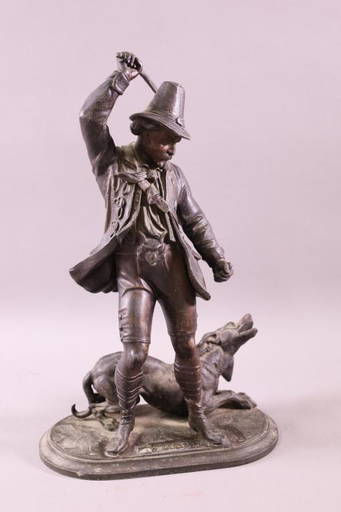 Antique Man With Dog Cast Metal Statue