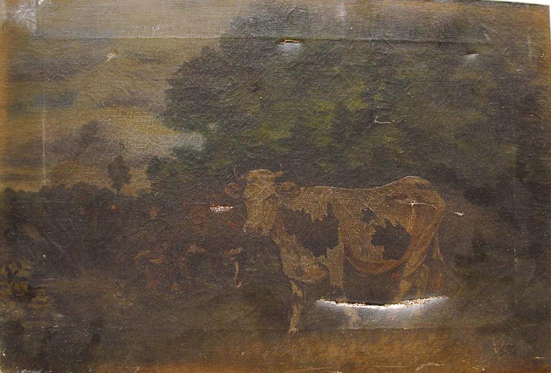 1800's Folk Art Oil on Canvas Cow Painting
