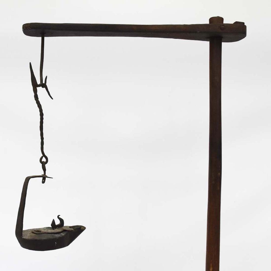 1700's Hand Wrought Betty Lamp with Wooden Stand