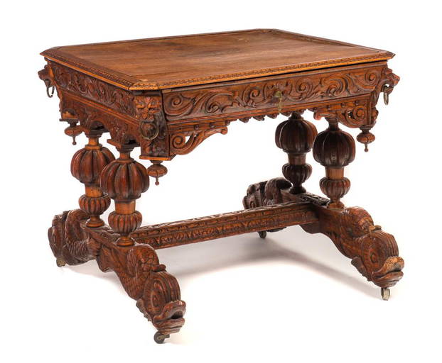 Highly Carved Oak Dolphin Library Table