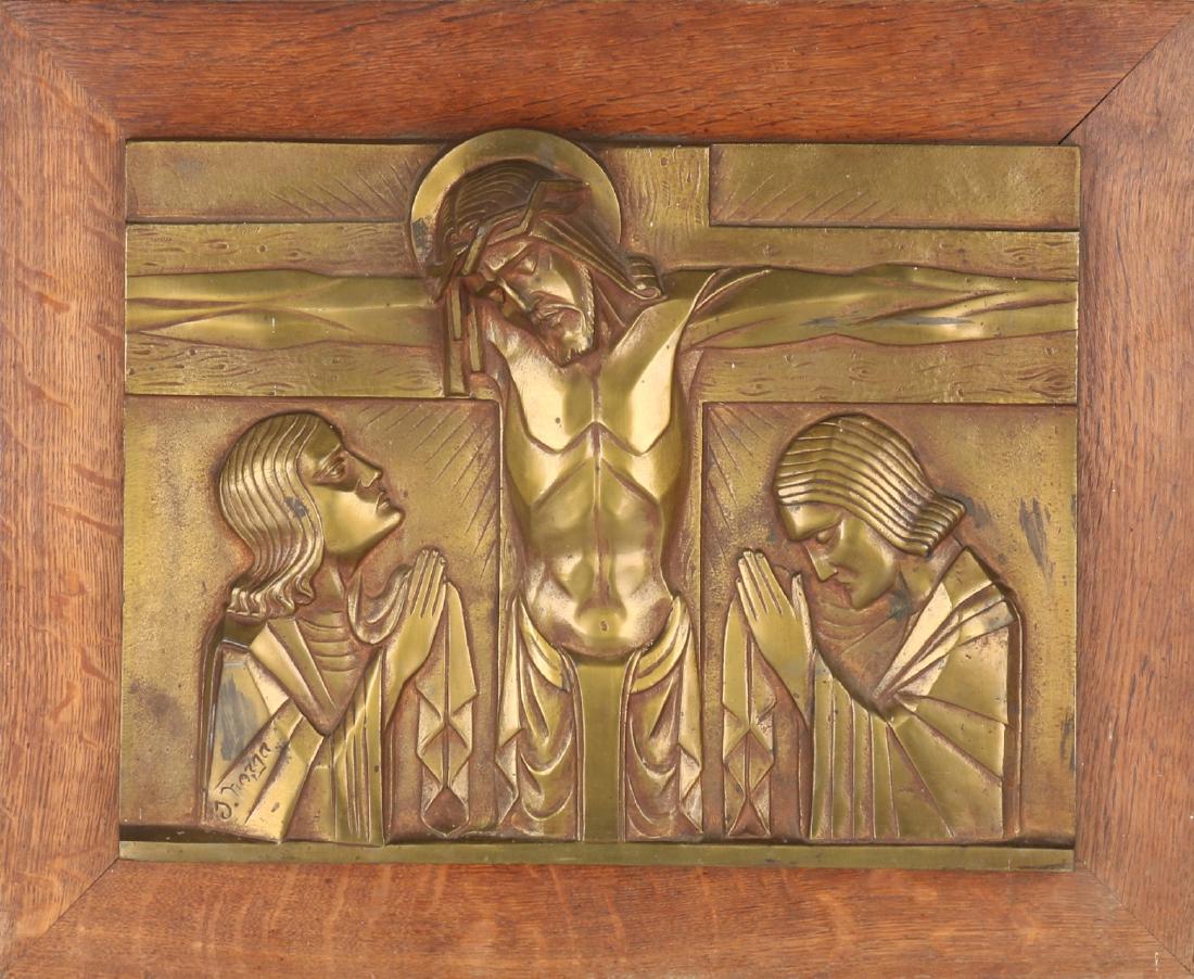 Large Bronze Religious Plaque Mounted On An Oak Frame.