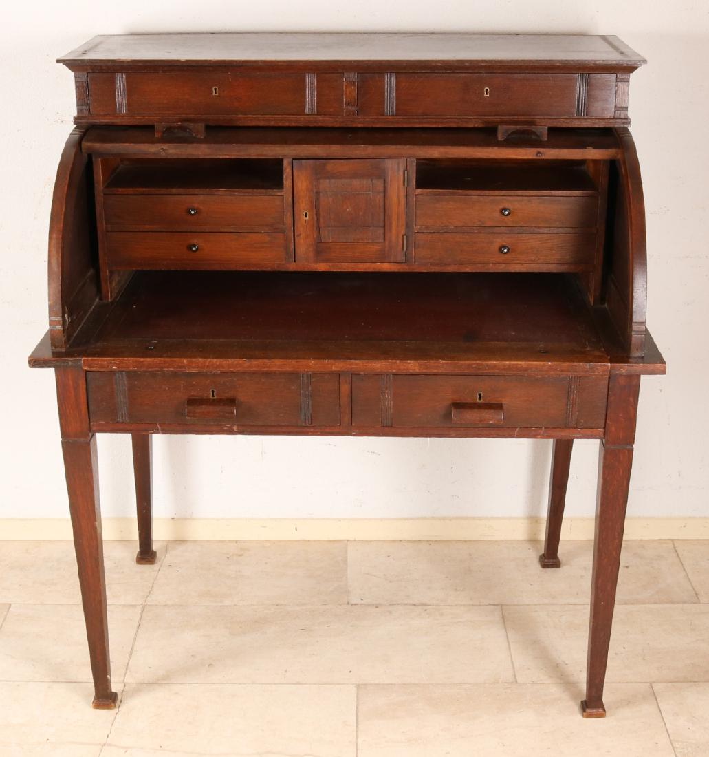 Antique Oak Wooden Desk With Four Drawers, Tapered Legs