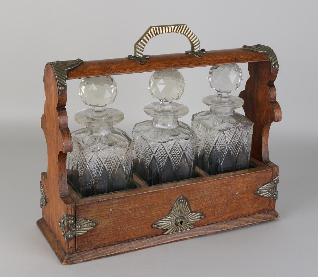 Antique Oak Tantalus, Carafe Set With Lock. Key Is