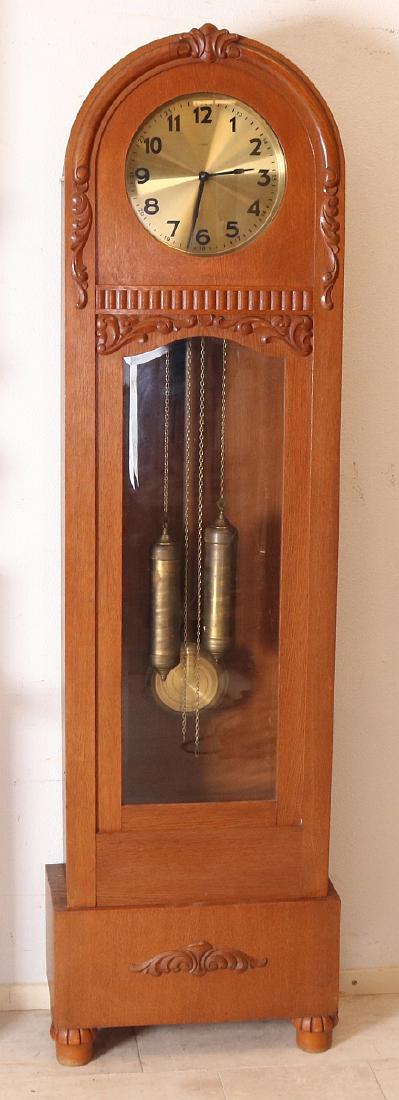 Antique German oak Kienzle grandfather clock with brass