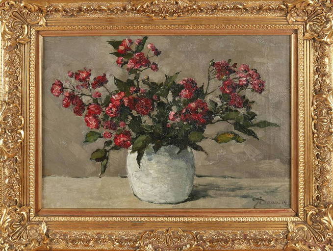 Jan Dona. 1870 1941. Quince Blossom In Vase. Oil On