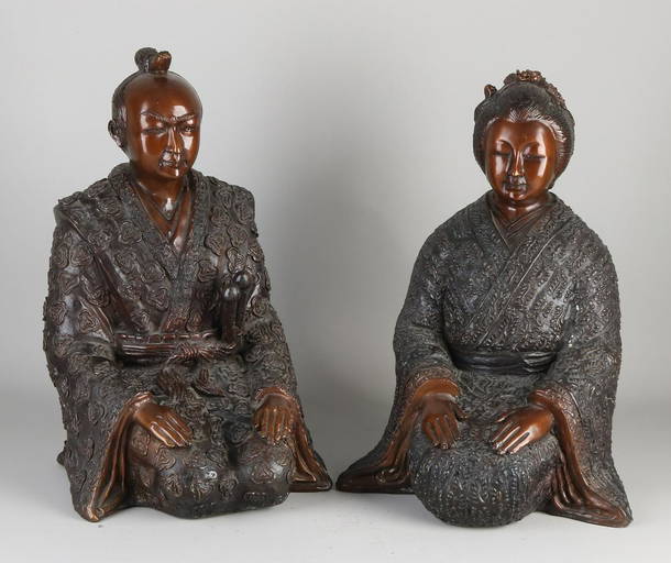 Two Japanese Bronze Figures. Japanese Couple In