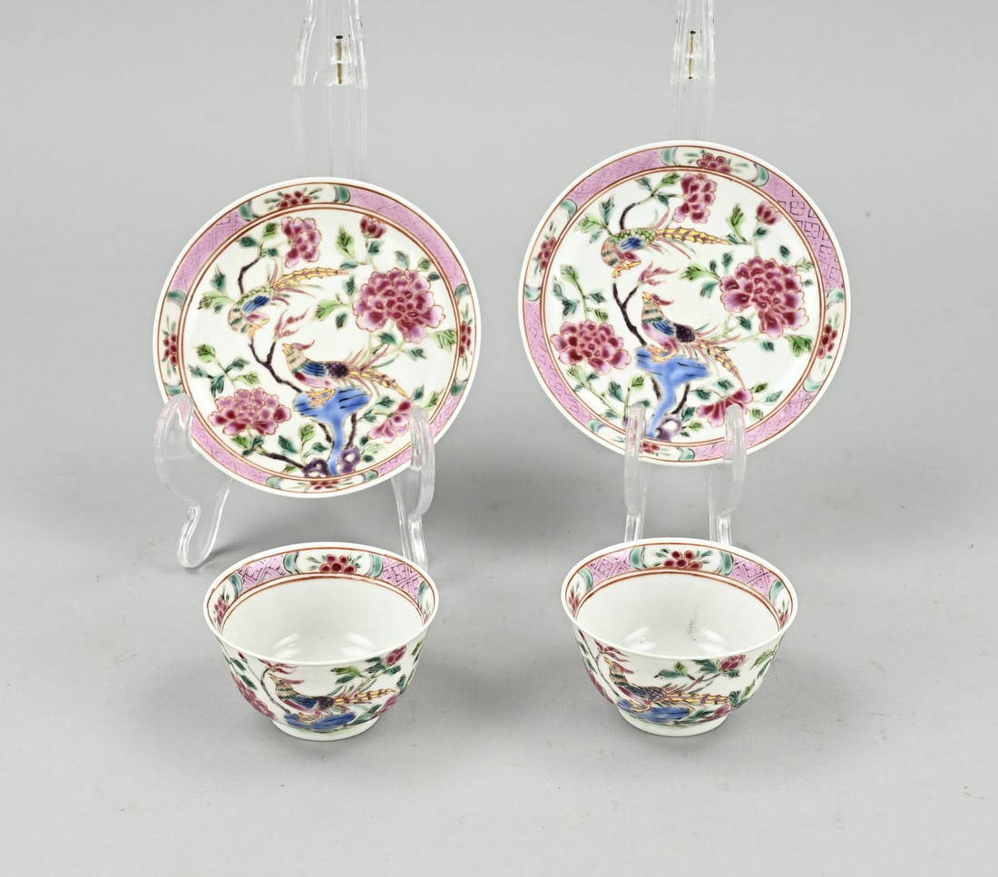 2x Antique Cup + Saucer, Fam. Rose Auction