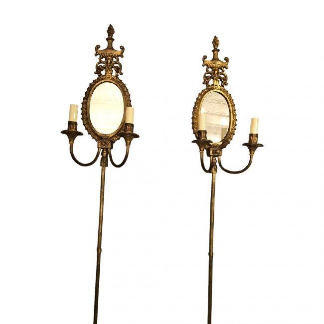 Brass Hollywood Regency Electric Wall Scones Mirror