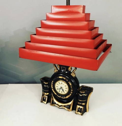 Art deco porcelain clock lamp collapsing red shade (#0097) on Mar 02 ...