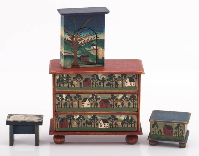 (4) Artisan Folk Painted Dollhouse Furniture Miniatures Wood