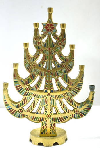Judaica, Copper Hanukiya Decorated With Enamel In Shape