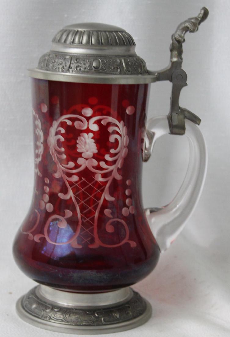 Bohemian Ruby Glass Beer Stein Engraved.