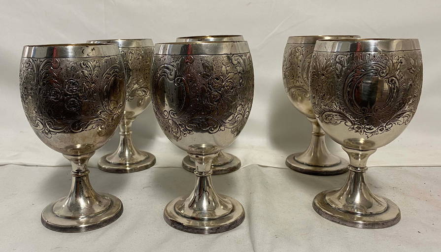 Set Of Six English Silver Plate Goblets By N B & S