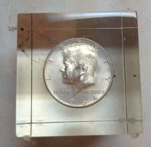 1964 Kennedy Half Dollar In Lucite Paperweight