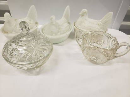 Three Slag Glass Nesting Hens