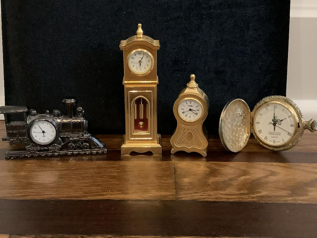 2 Brass Miniature Clocks 4" And 2.5" And Statue Of Liberty Pocket Watch ...