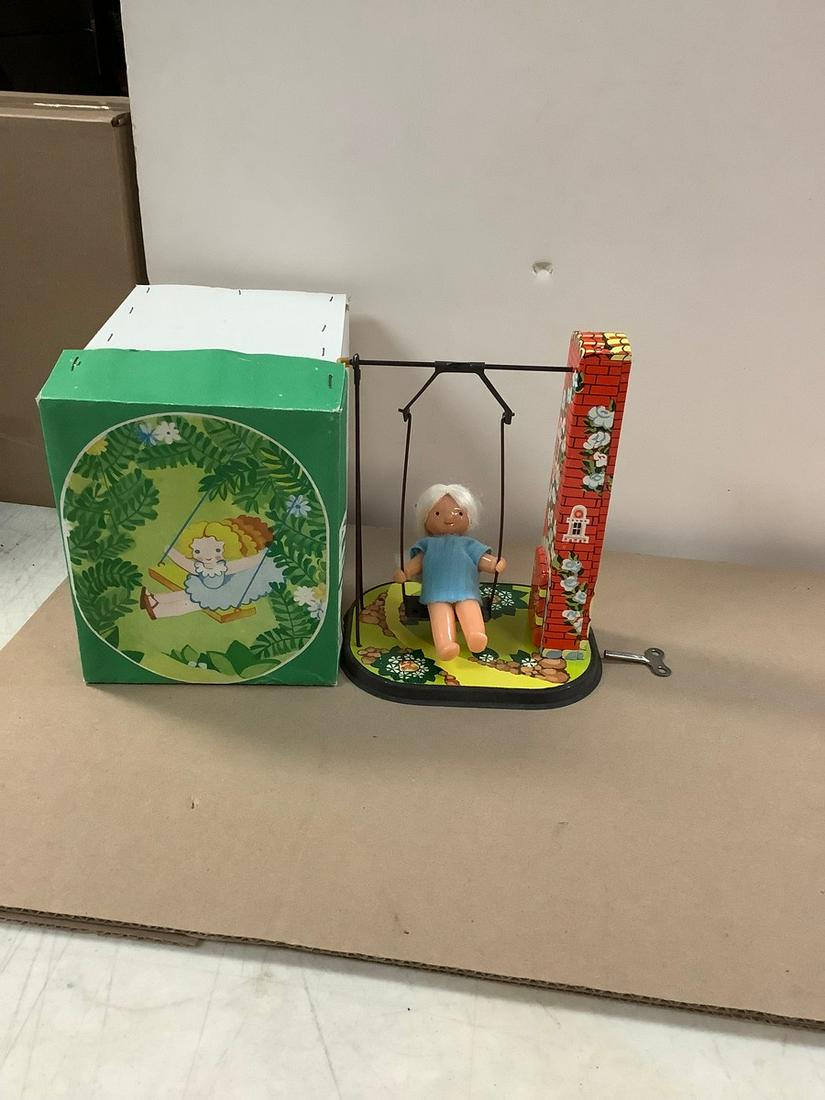 Vintage Kayejin Ussr Russian Wind Up Girl On Swing Tin Toy With Box And Key