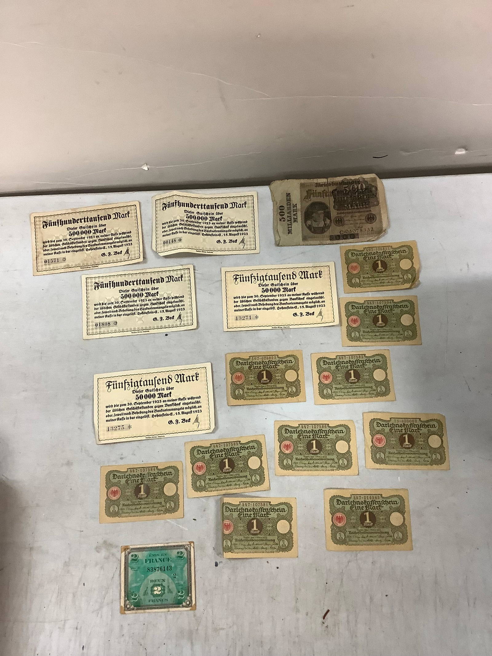 Vintage German Bank Notes And 2 French Francs Auction