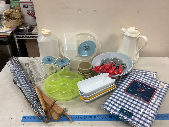 Lot Of Utensils, Tupperware, Table Cloth, And More