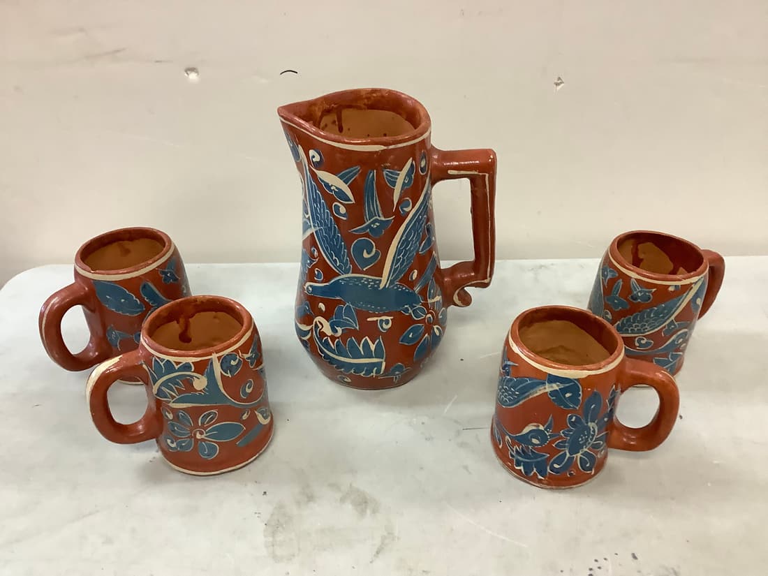 Vintage Handmade Mexican Pottery Pitcher And Mugs Tallest 10" Auction