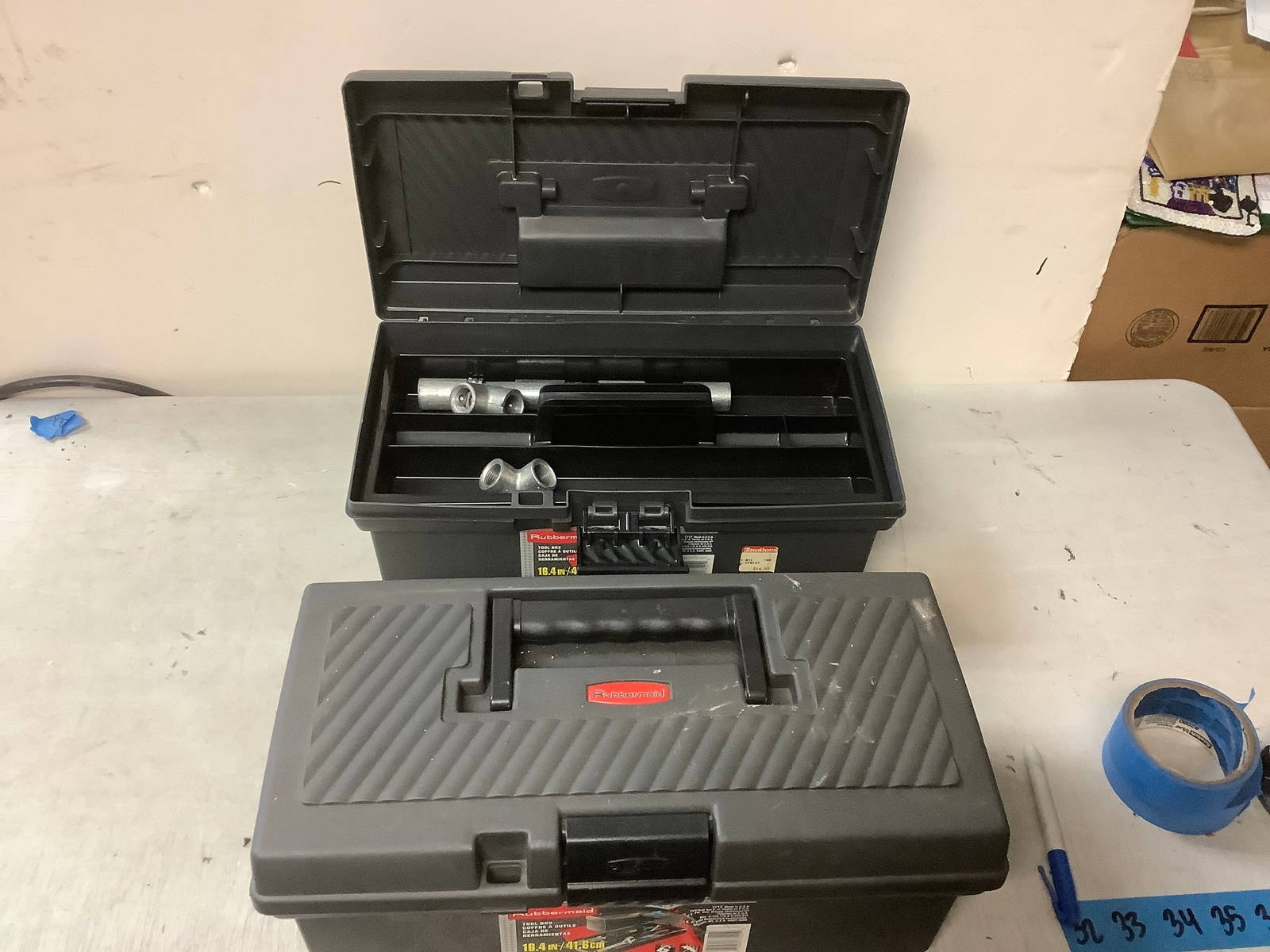 Lot Of 2 Rubbermaid Tool Boxes (one With Pipes) 7.5x16 Auction