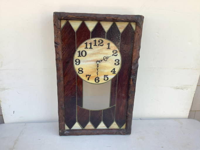 Hanging Wood Frame Clock With Stained Glass