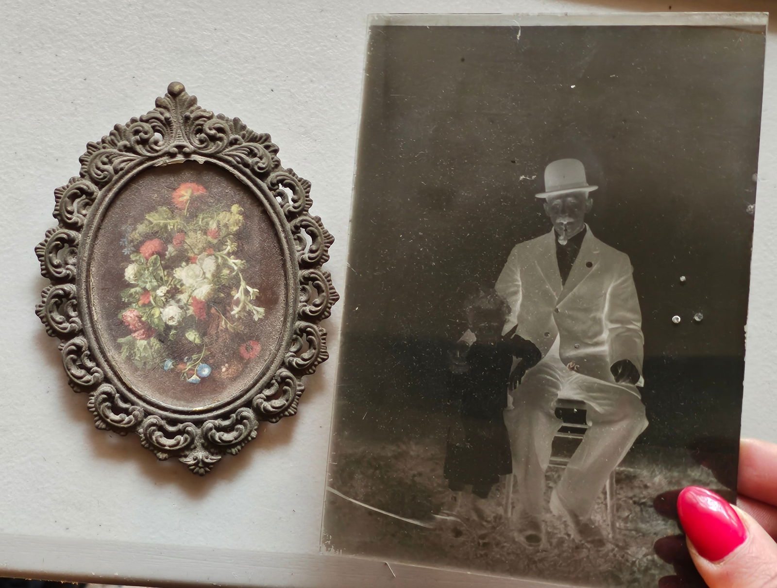 Antique Glass Photo Negative 7x5" And Small Floral Artwork Auction