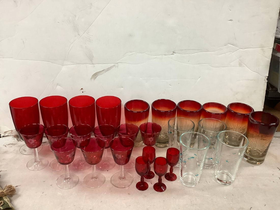 Lot Of Red Glass Cups And More (7.25in.tallest) Auction
