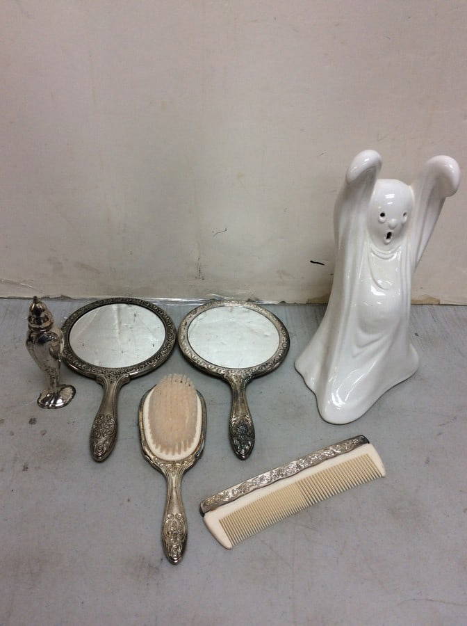 Ghost Ceramic Statue(10in.tall) And Vintage Beauty Set(mirrors/brush ...