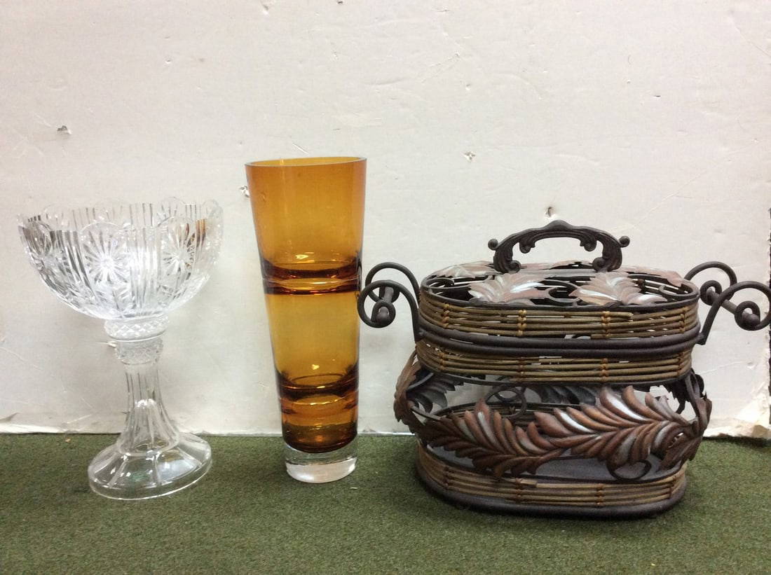 Shannon Crystal Compote Bowl, Decorative Vase, Metal/wicker Basket ...
