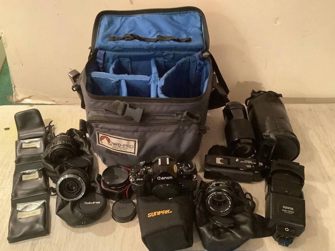 Canon Camera, Lenses, Sunpak Auto 36 Dx Thyristor Flash Attachment, And ...