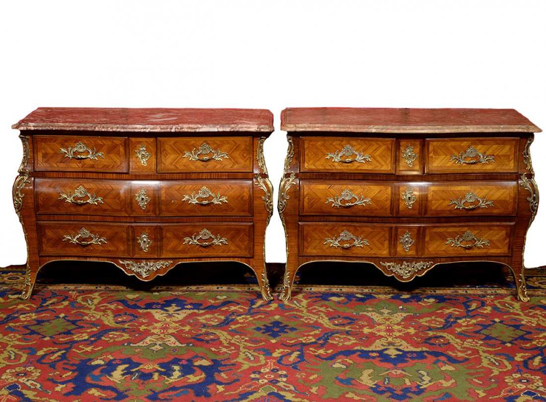 Pair French Marble Top Bombay Chests
