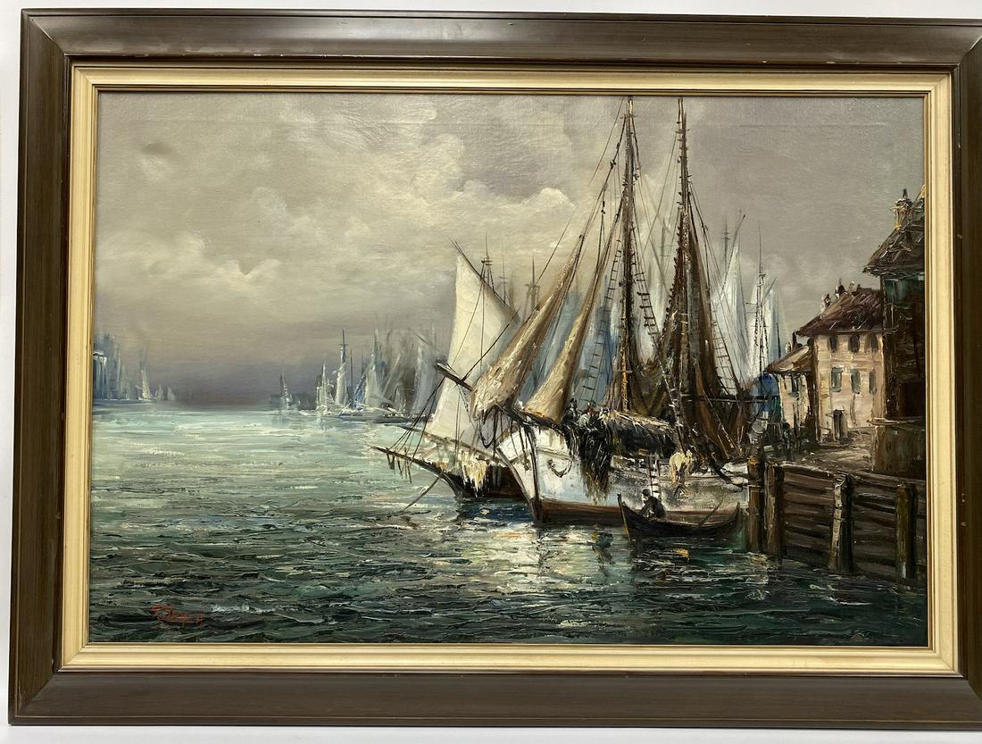 George Deaca Oil on Canvas Harbor Scene with Sailboats (#0125) on Aug ...