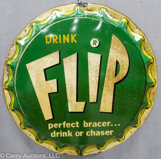 Rare Large Drink Flip Soda Tin Die Cut Bottle Cap Sign