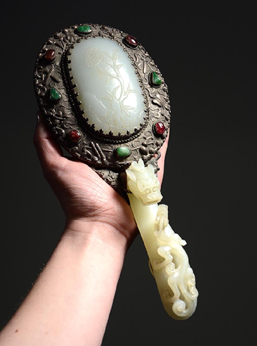 Fine Chinese silver and jade hand mirror