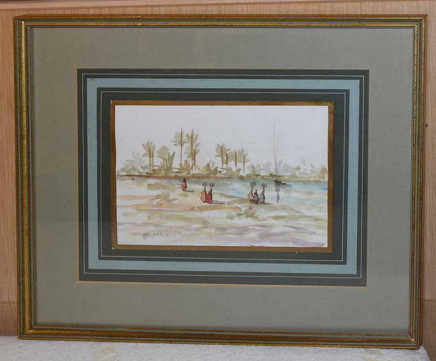 Ismail Samy. Figures On A Riverbank. Watercolor