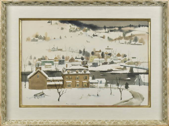 Paul Sample Watercolor, Winter Village Scene.