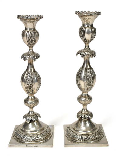Pair Of Russian Silver Candlesticks.