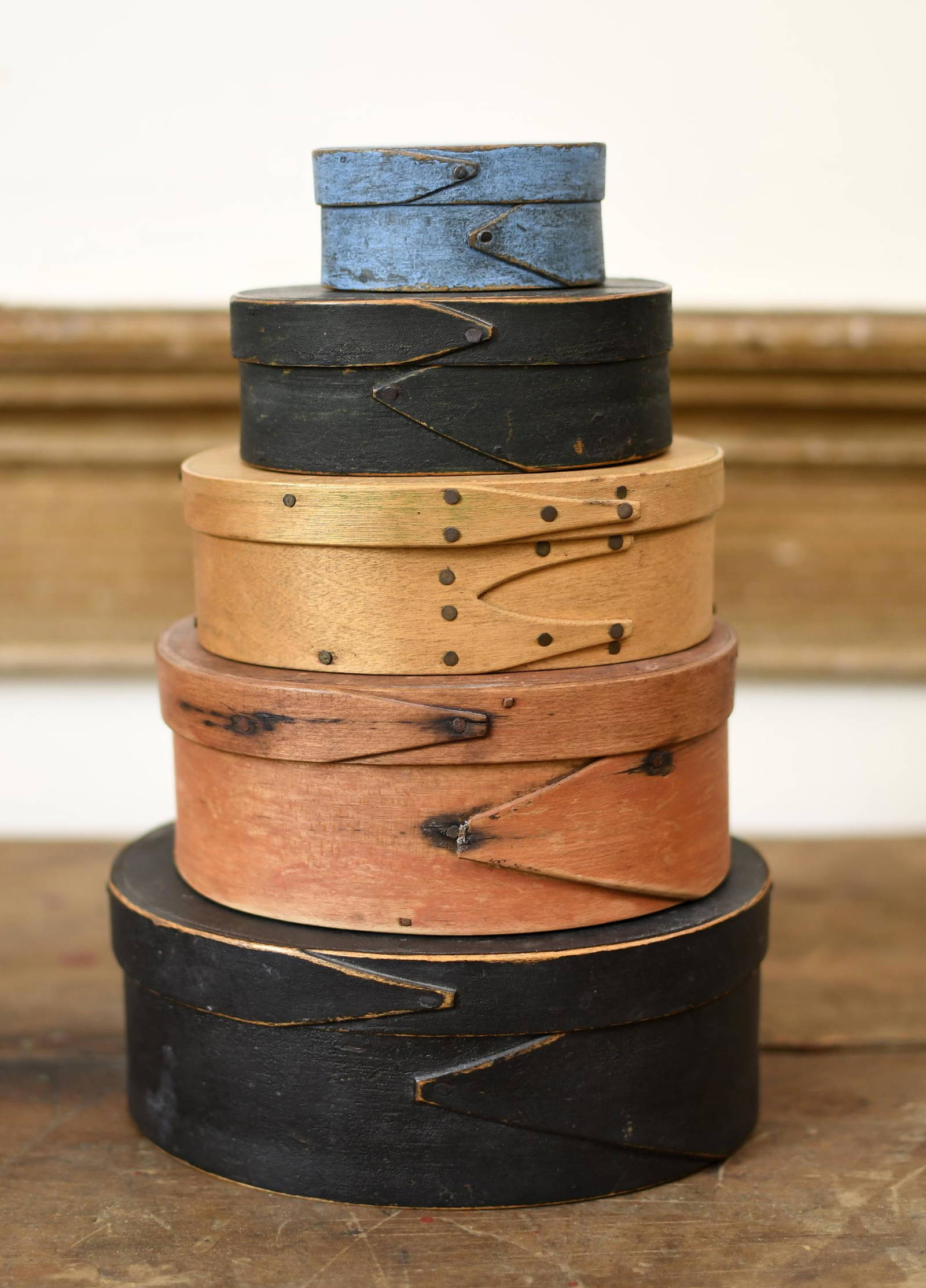 Five 19th C. Painted Finger Boxes. Auction