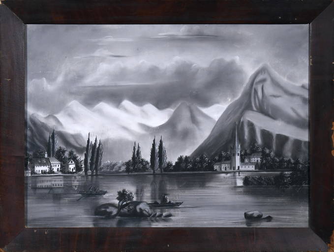 19th C. Sandpaper Drawing, Lake And Mountains.