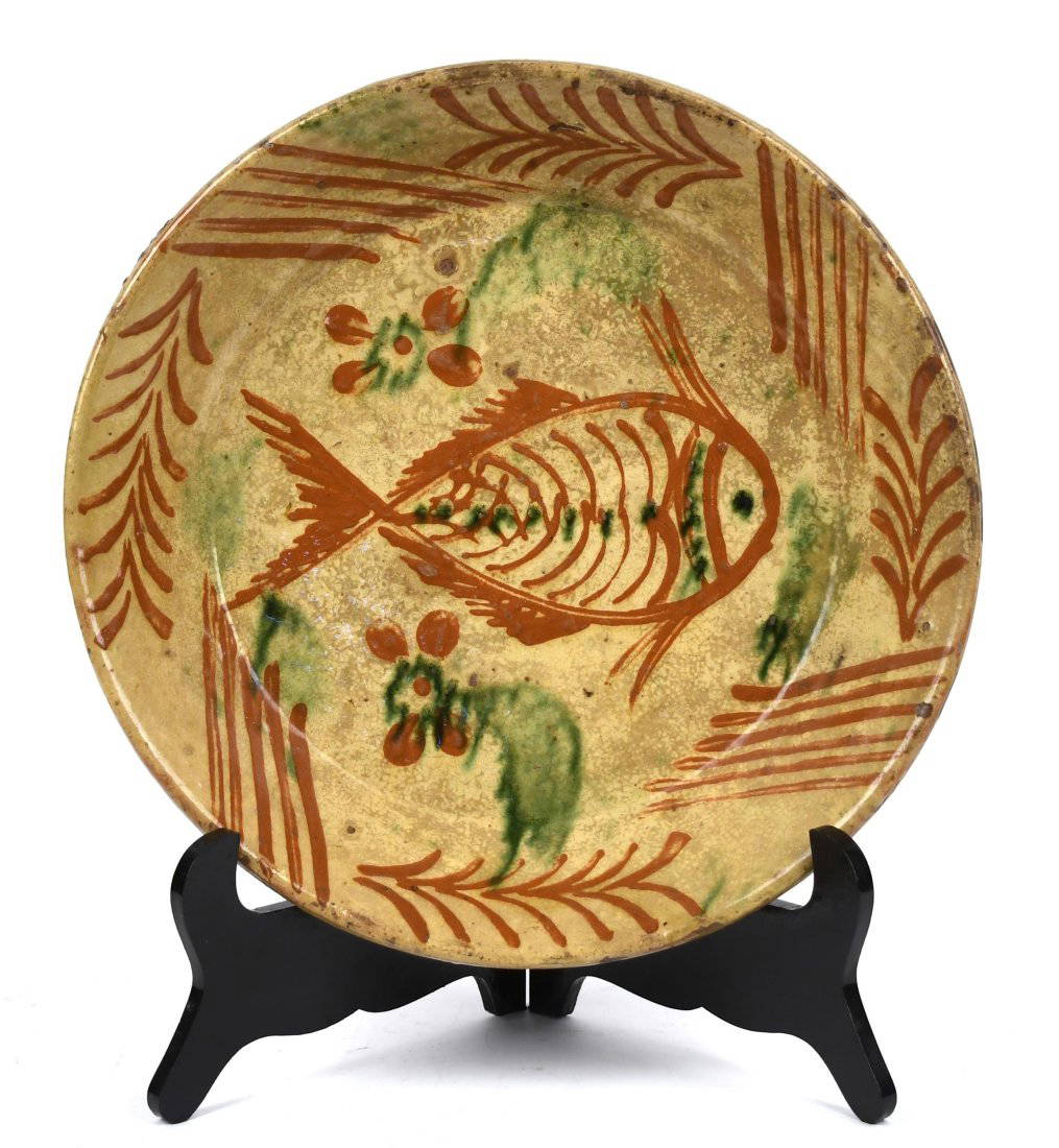 19th C. Redware Slip Fish Decorated Bowl. Auction