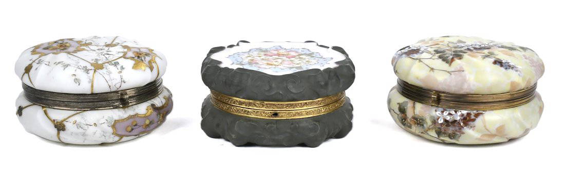 Three Wavecrest Opaque Glass Dresser Boxes. Auction