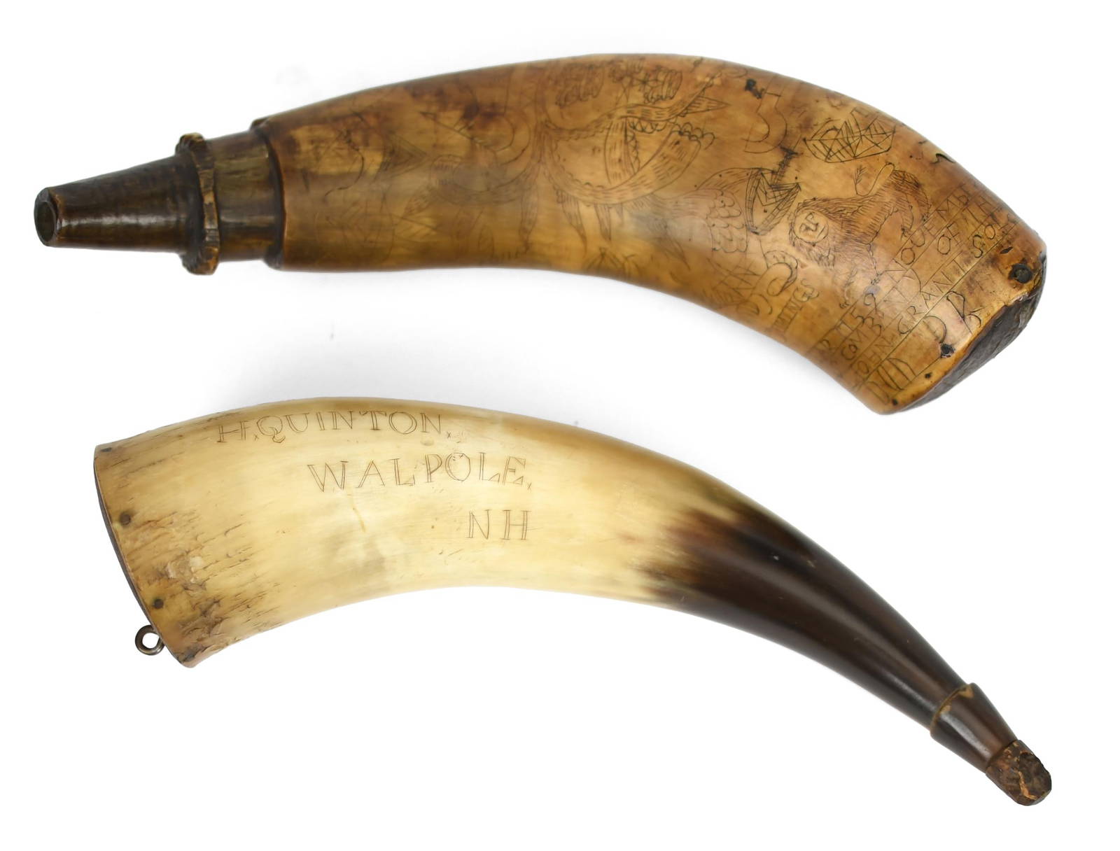 Two Fine Antique Engraved Powder Horns. Auction